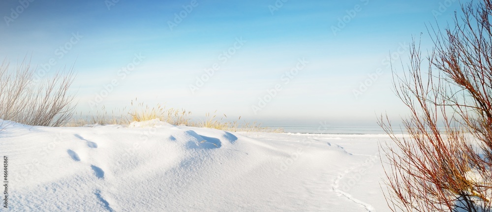 Frozen Baltic sea shore on a clear day, snow texture close-up. Blue sky ...