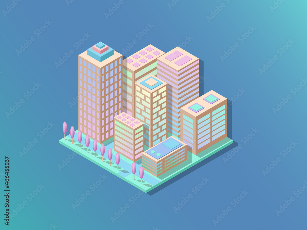 Isometric future city. Industrial office buildings in aerial view ...
