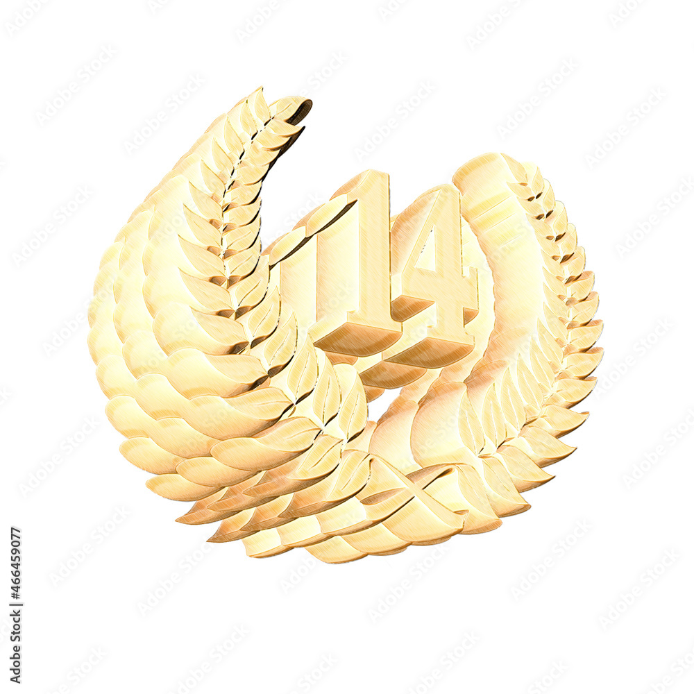 Zahl 14 mit Lorbeerkranz, Ehrenkranz, Siegerkranz als 3D-Illustration ...