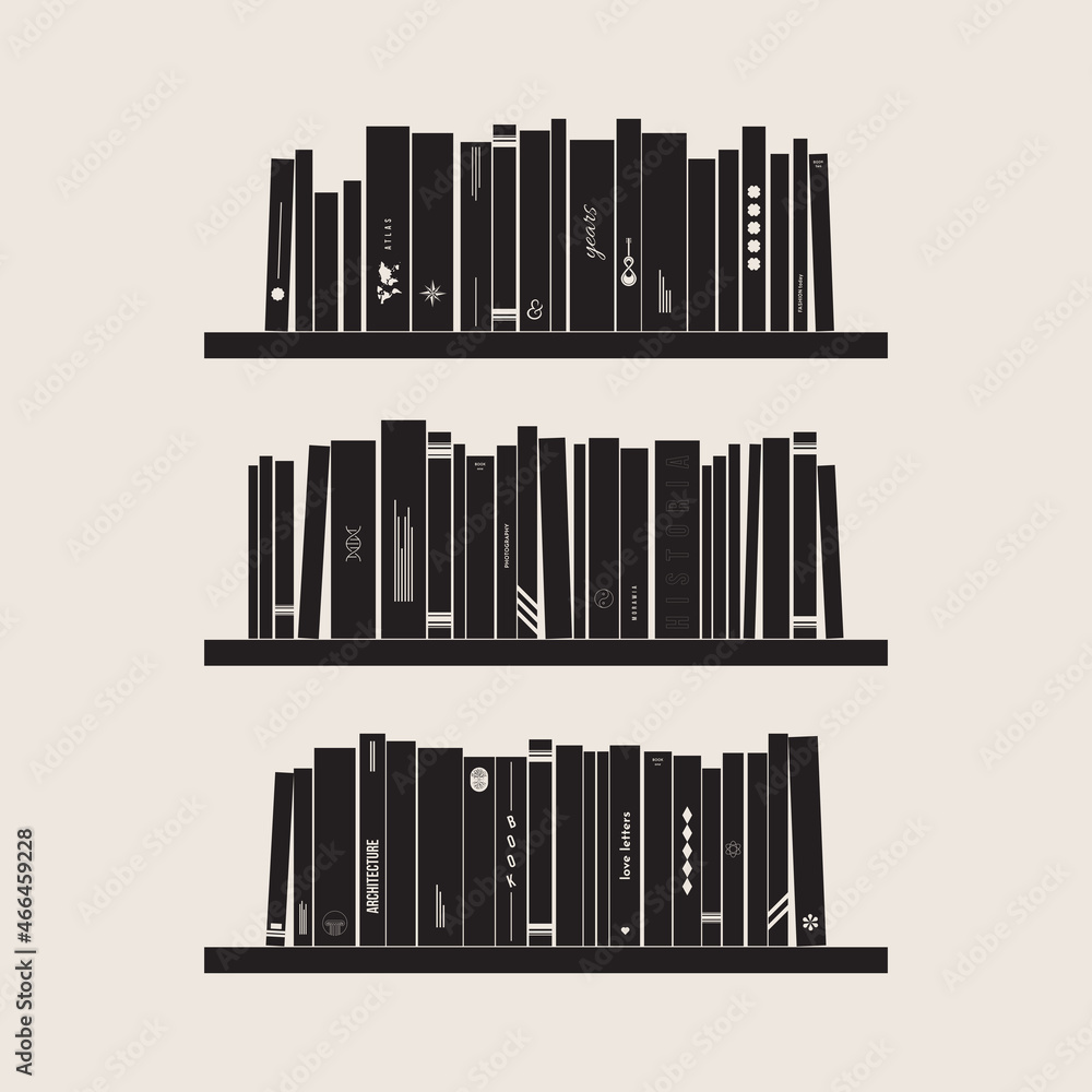 Books and shelves, black and white. Silhouette of library. Vector ...