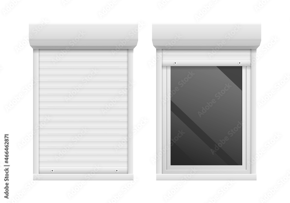 Rolling shutters. Roller blind windows metal frame. Open and closed ...