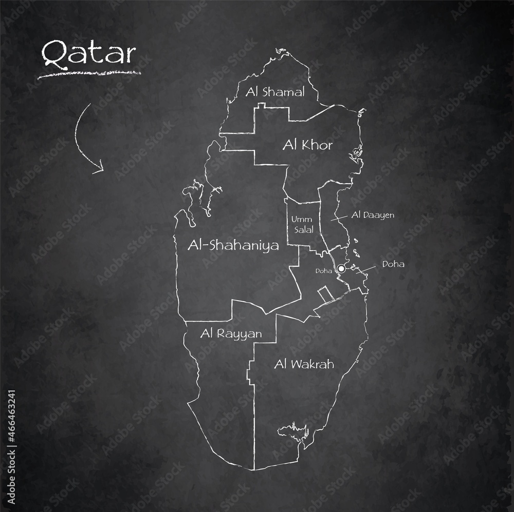 Qatar map, separates regions and names, design card blackboard ...
