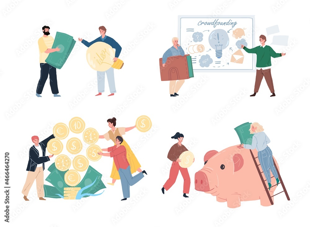 Set of vector cartoon characters in crowdfunding scenes depicted by ...
