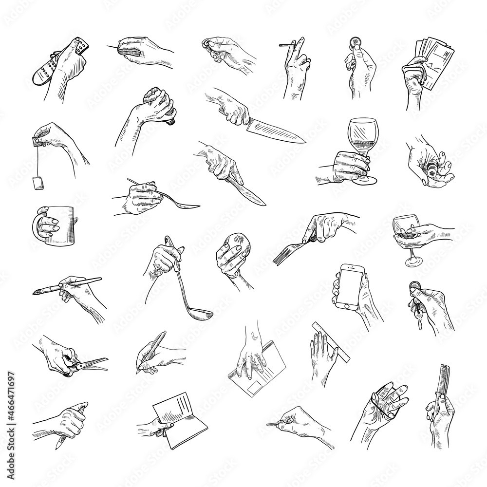 Collection of monochrome illustrations of hands with objects in sketch ...