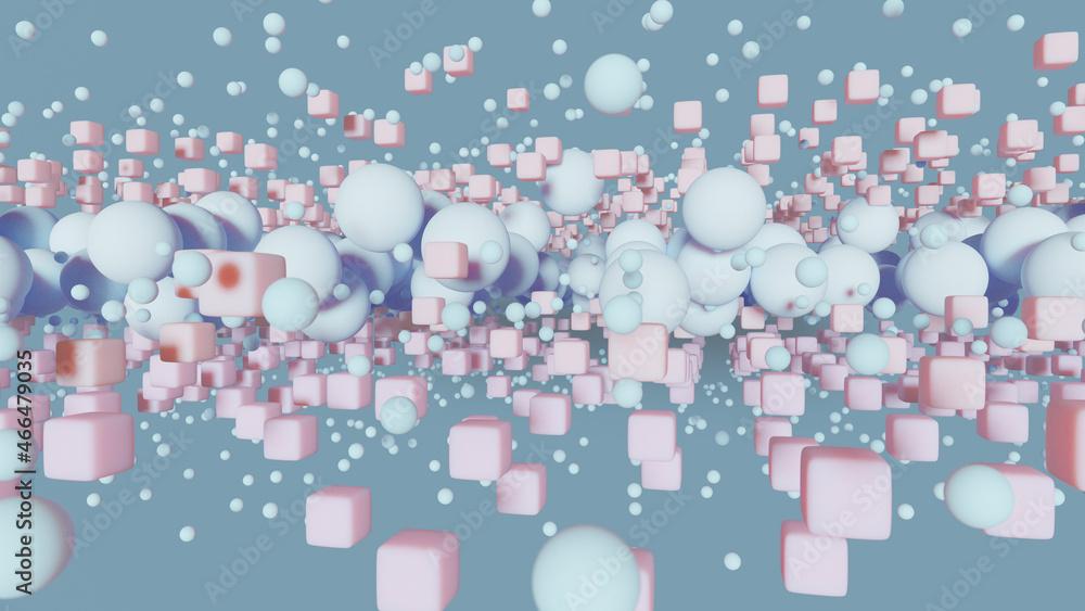 Abstract dynamic 3d spheres and cubes different color and size on a ...