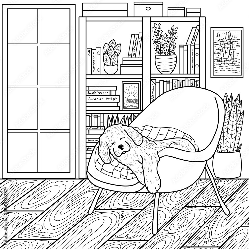 Dog coloring page. Room coloring. Interior. Stock Vector | Adobe Stock