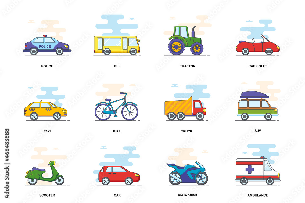 Vehicle concept stroke flat line icons isolated set. Different ...