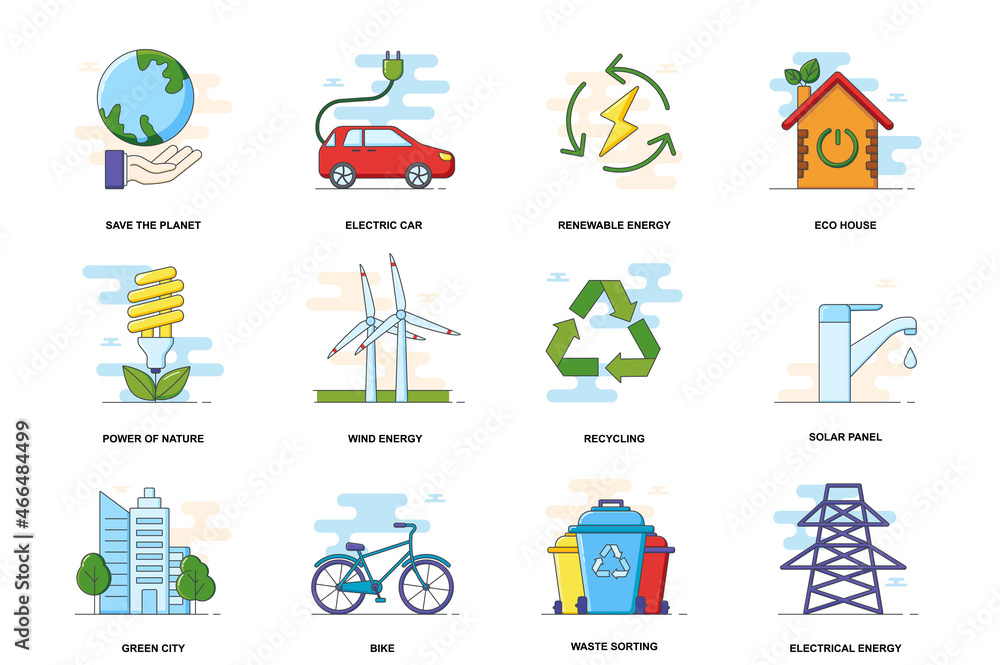 Environmental sustainability web concept stroke flat line icons ...