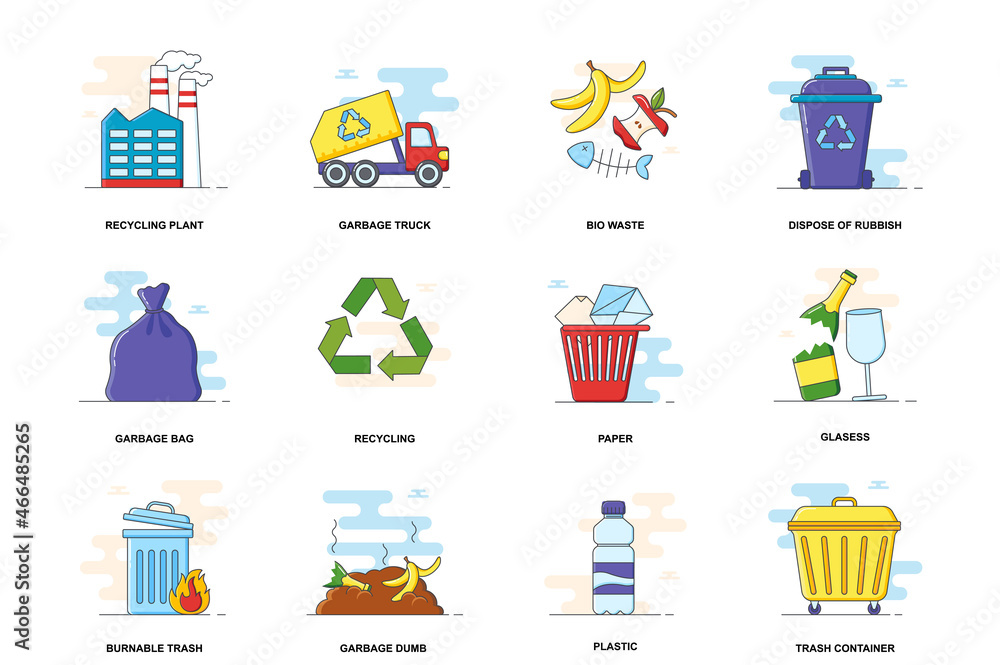 Vetor de Waste management concept stroke flat line icons isolated set ...