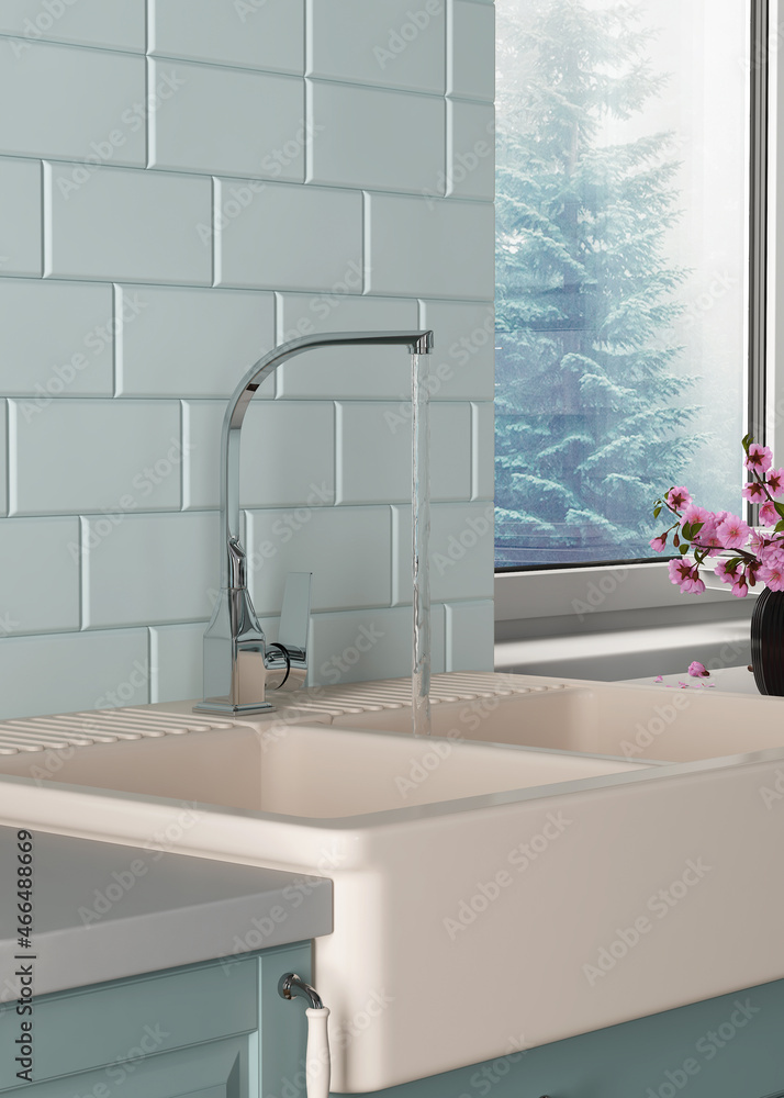 Kitchen interior, modern kitchen with a luxury tap, blue tiles ...