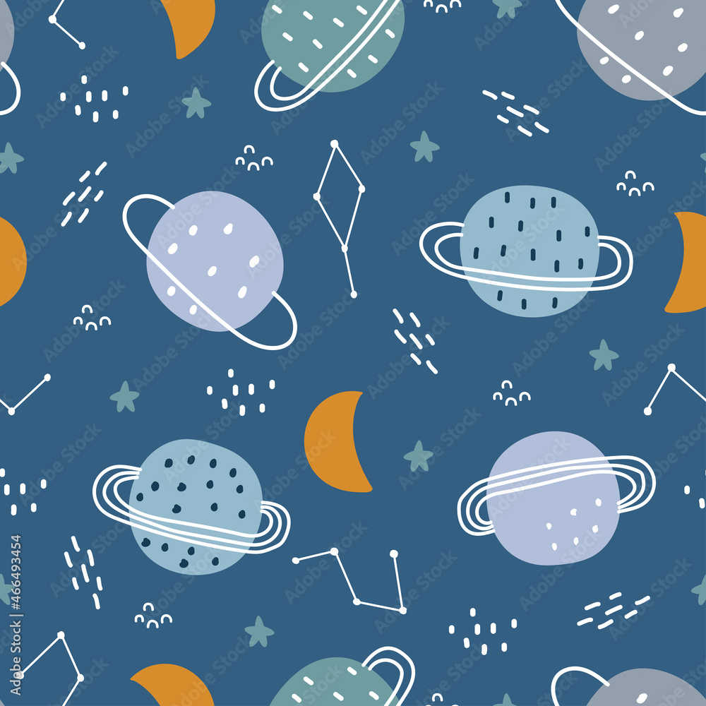 Space background for kids Planet with crescent moon seamless pattern ...