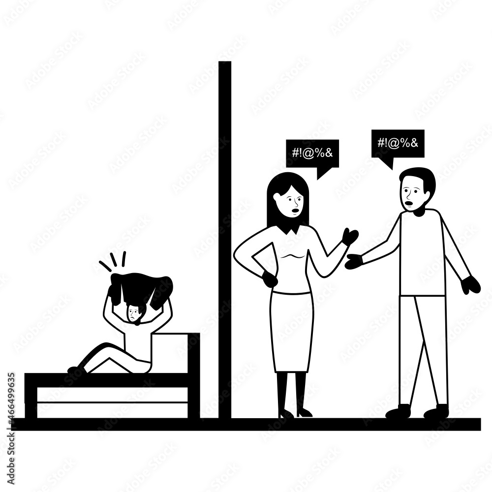Neighbour during quarrel cartoon with loud family conflict and unhappy ...