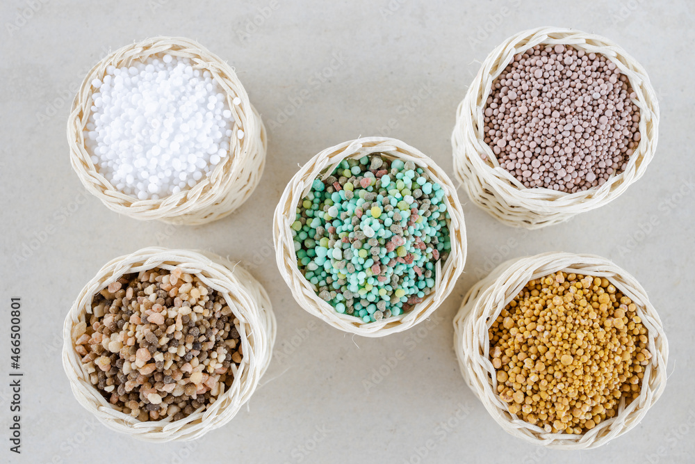 Chemical fertilizers are in wooden baskets with plants placed on a ...