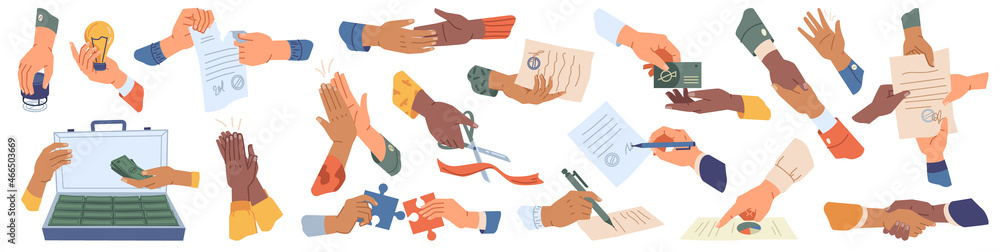 Set of shaking hands, signing contract, putting seal on document ...