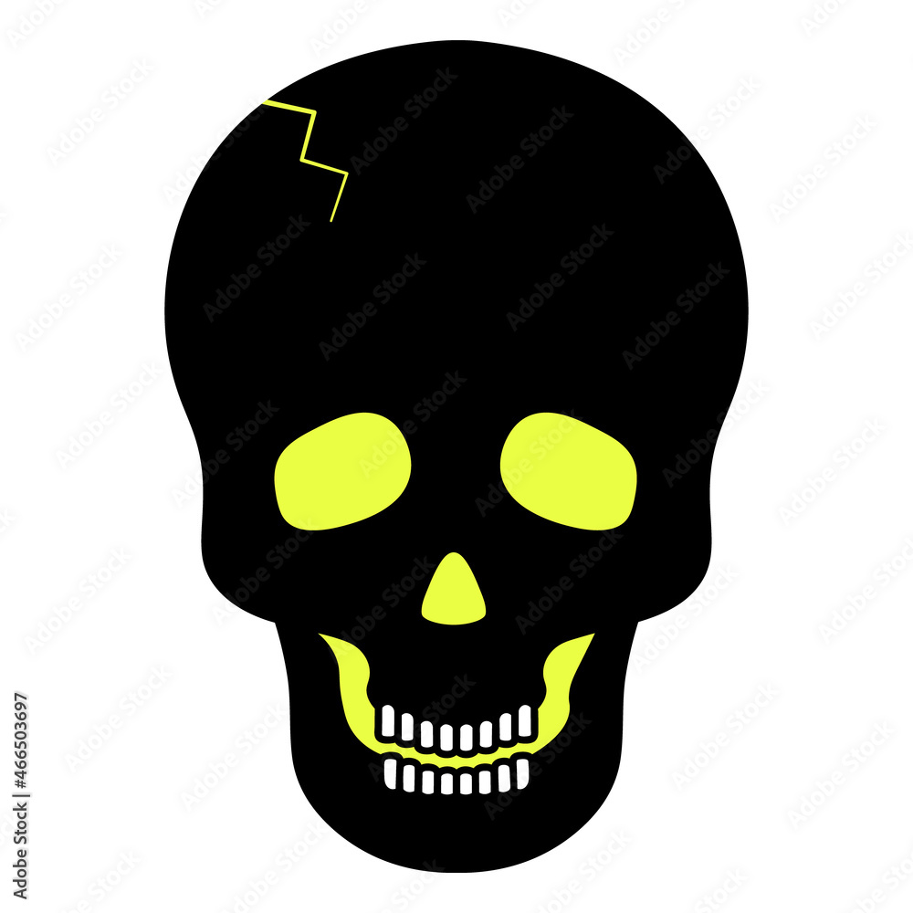 Human skull. Silhouette with glowing eyes. Crack in the forehead ...
