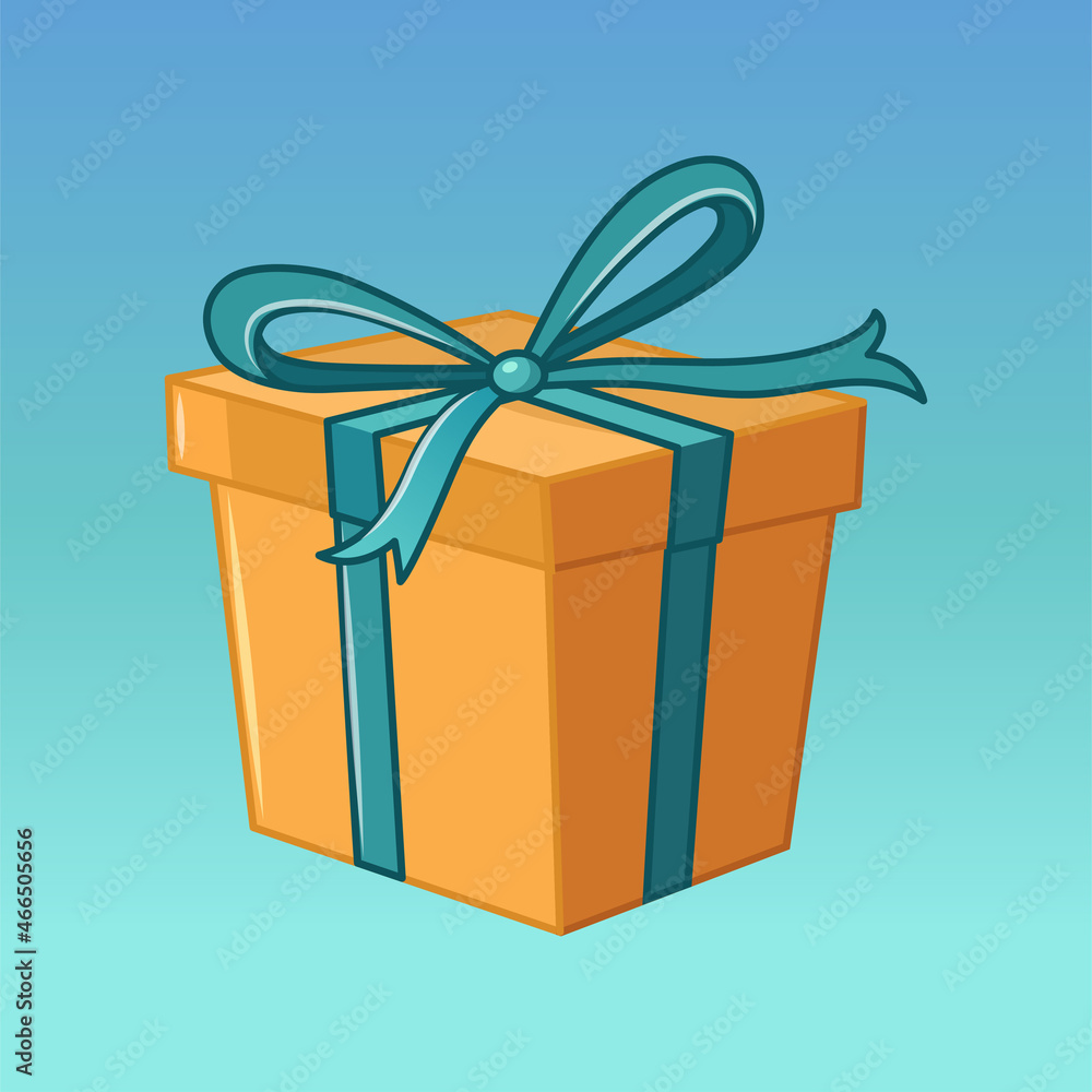 Yellow Christmas gift box with blue ribbon and bow. Vector cartoon ...