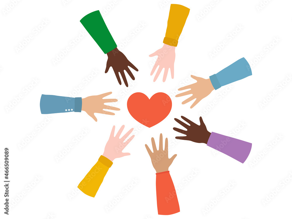 Different hands reach out to the heart. Vector concept illustration for ...