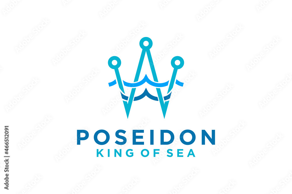 Blue King Crown and Water Sea Waves for Boat Ship logo design Poseidon ...