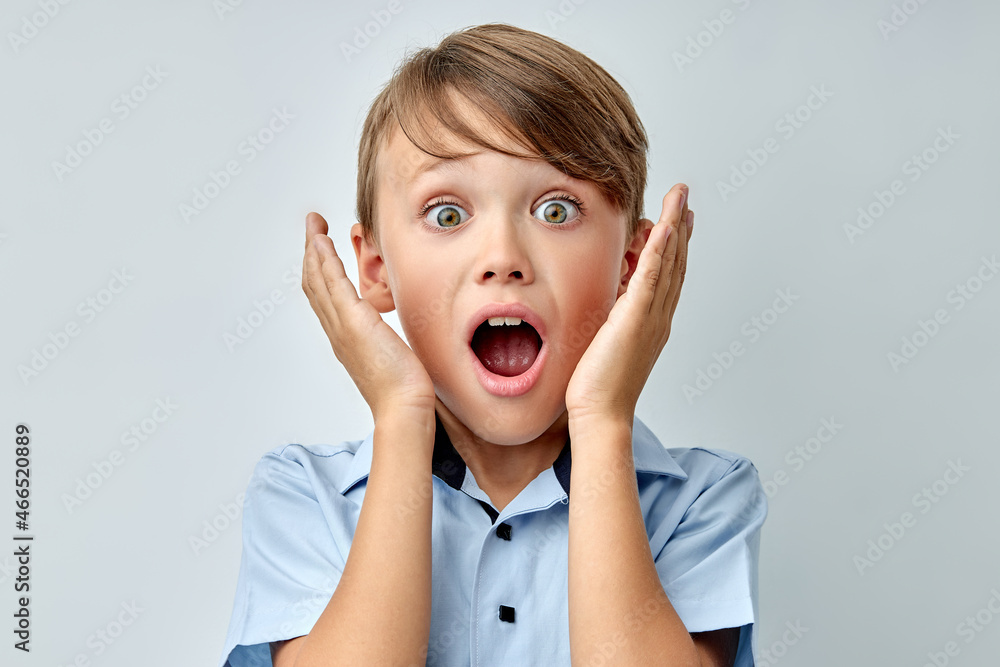 caucasian little boy amazed touching face with opened mouth isolated ...