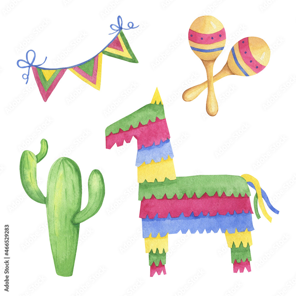 Watercolor mexican symbols such as pinata, maracas, flags, cacti. Hand ...