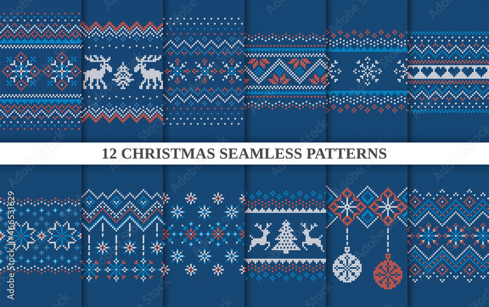Knit seamless patterns. Christmas print. Set Xmas winter geometric ...