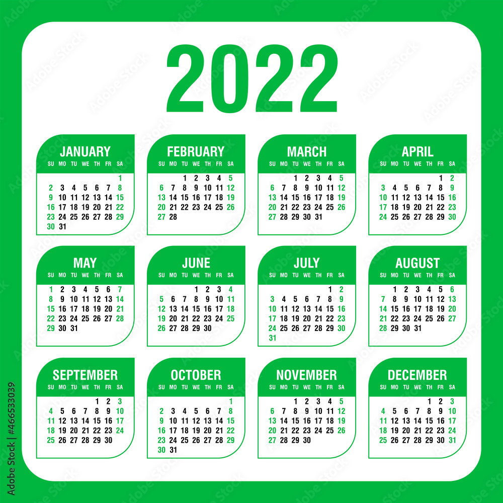 Calendar 2022 yearly. Week starts on Sunday. Vector illustration, green ...