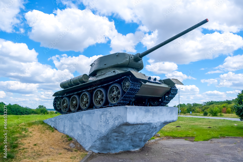 The legendary Soviet tank T-34-85 from World War II on a pedestal ...