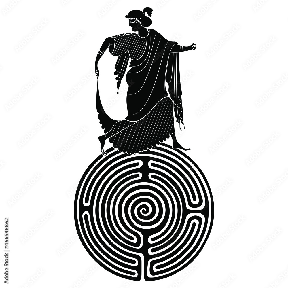 Ancient Greek woman on top of a round spiral maze or labyrinth symbol ...