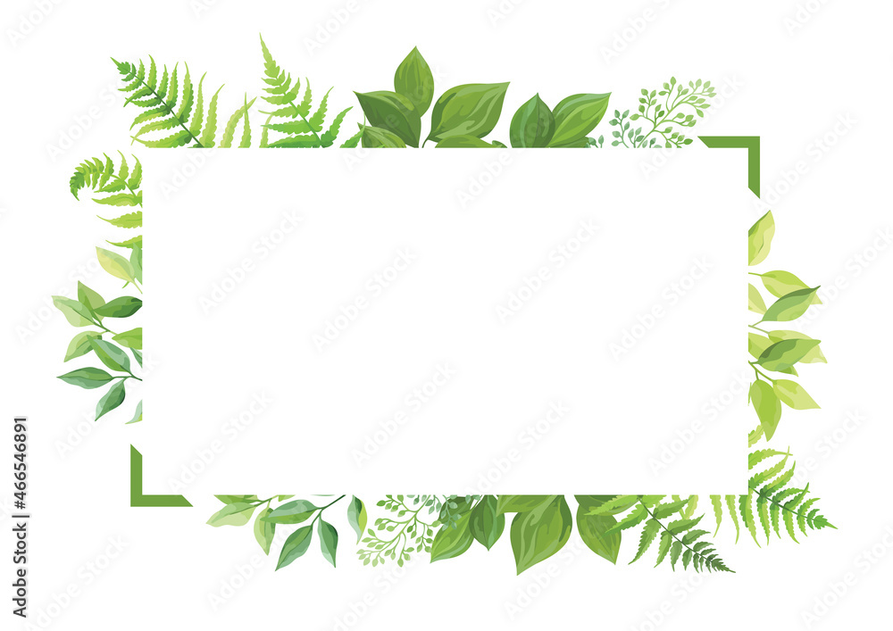 Green leaves rectangular frame template. Floral border with place for ...