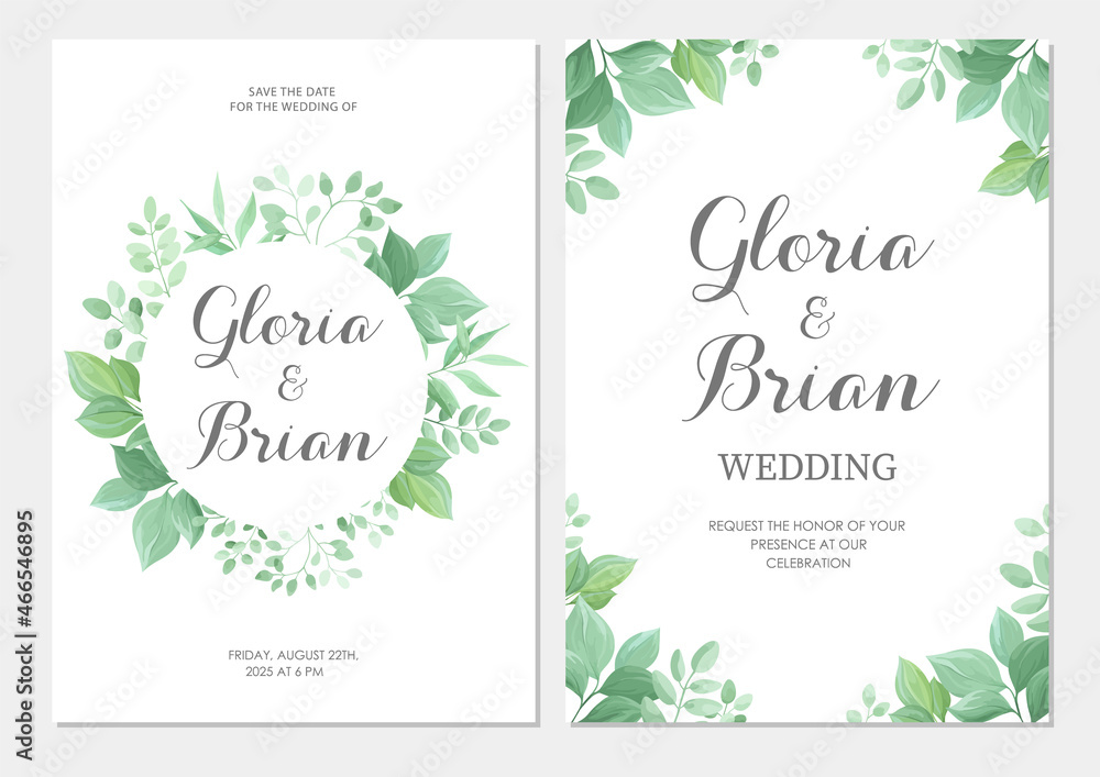 Wedding invitation with green leaves border. Invite card with place for ...