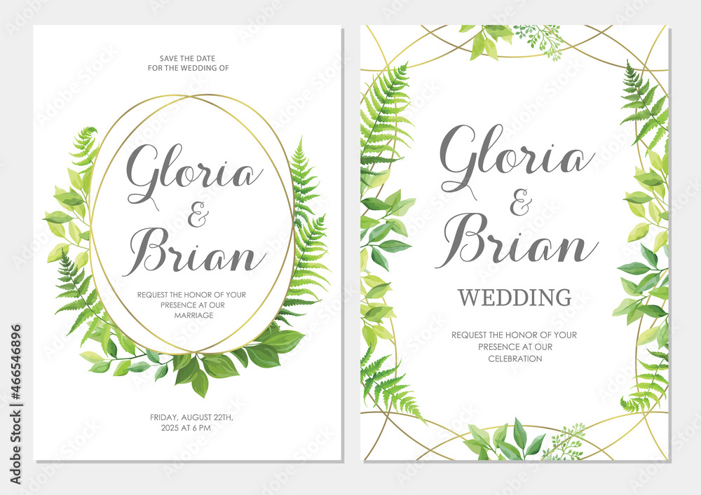 Wedding invitation with green leaves border and geometric frames ...