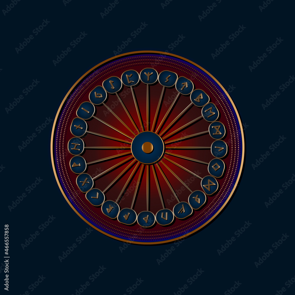 Set of old Norse runes circles. Gold Runic wheel alphabet, Futhark ...