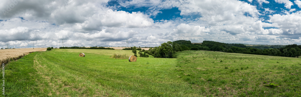 Extra large panoramic view over fields and meadows at the German ...