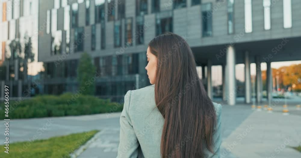 Shot from behind an elegant woman, brunette with long hair, girl ...