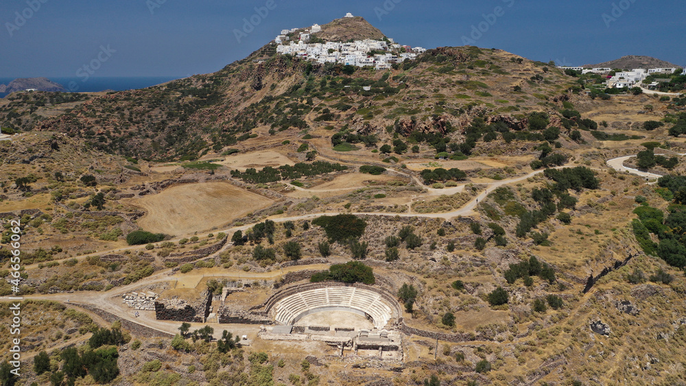 Aerial drone photo of iconic ancient theatre of Milos island where ...