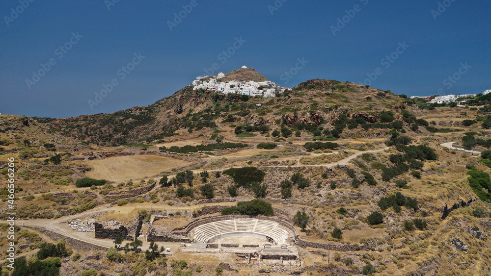 Aerial drone photo of iconic ancient theatre of Milos island where ...