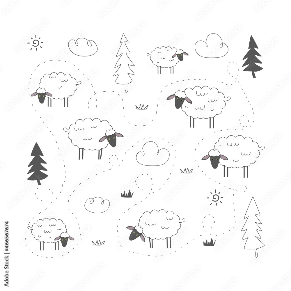 Vector set of white sheep with black muzzles, clouds and trees. Sheep ...