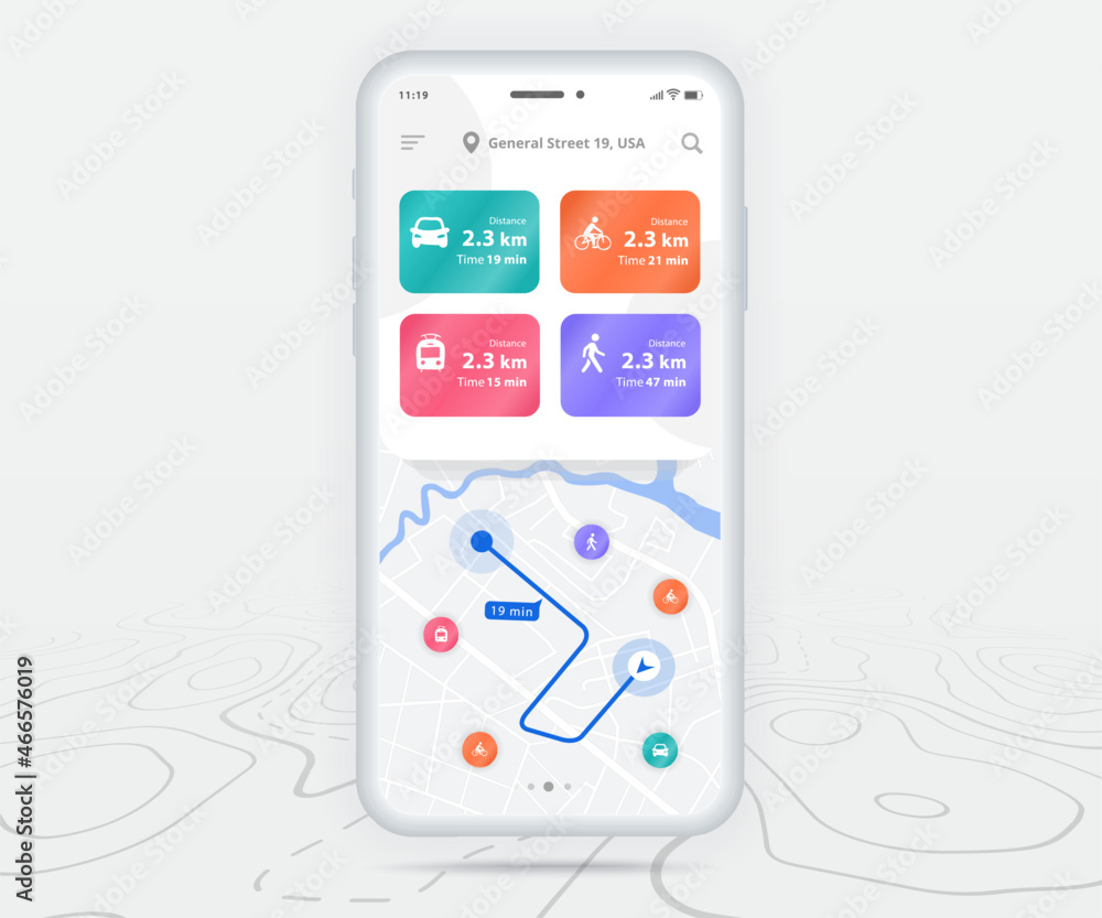 Map Gps Navigation Ux Ui Concept Smartphone Map Application And Destination Pinpoint On Screen
