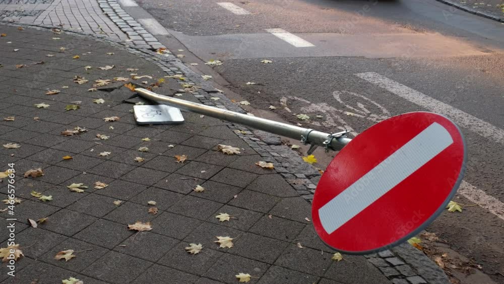 Street No Entry Sign on Broken Pole Damaged in Dangerous Car Accident ...