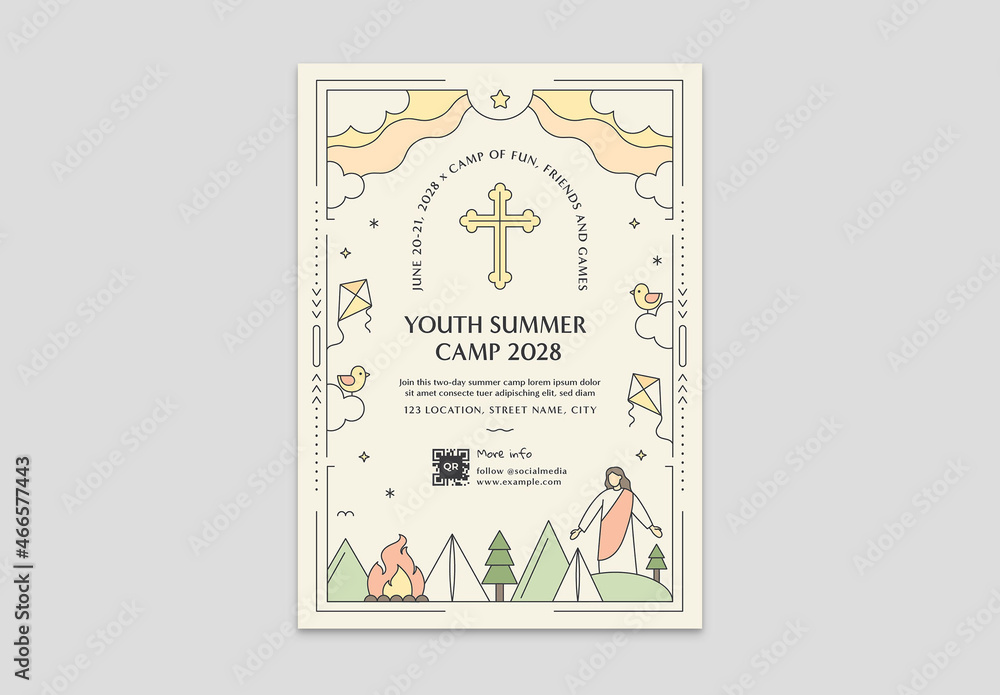 Church Youth Camp Flyer Layout with Soft Colors Line Art Illustrations ...
