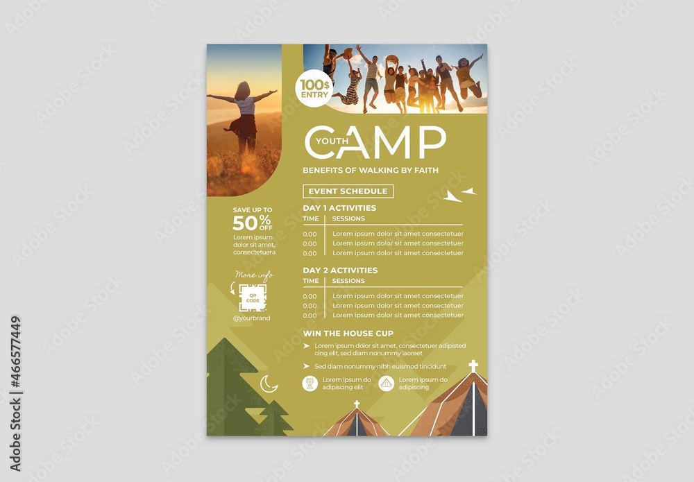 Modern Church Youth Summer Camp Flyer Poster Stock Template | Adobe Stock