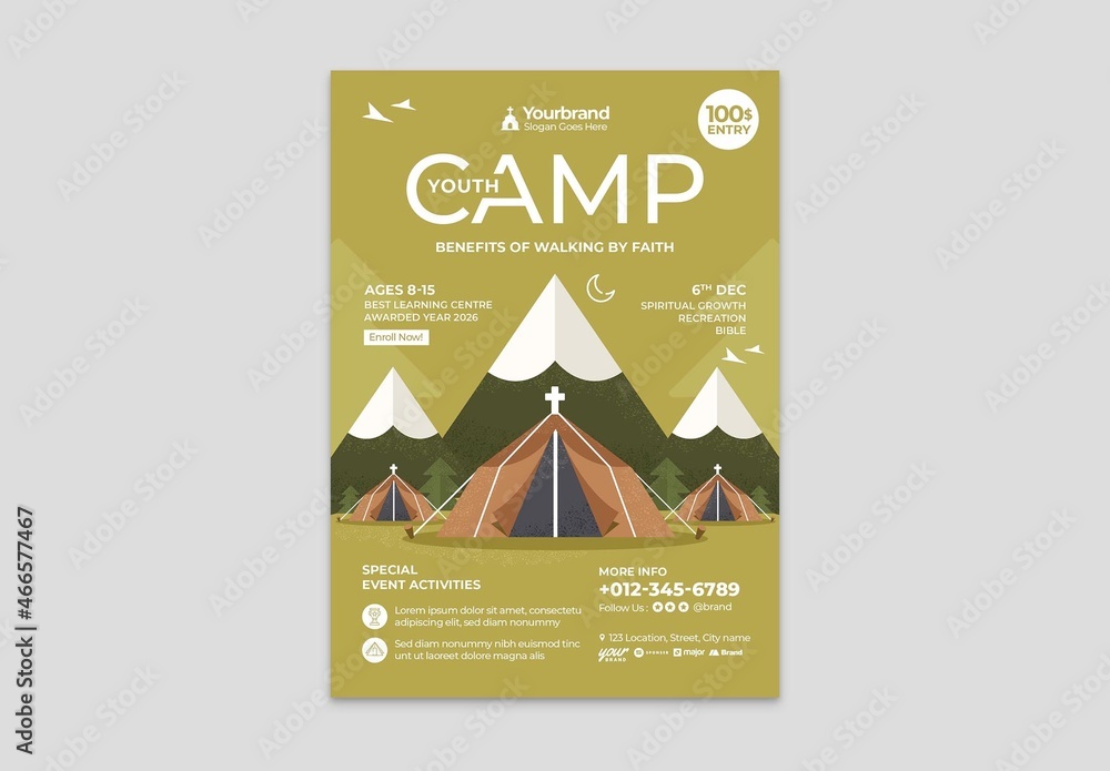 Church Youth Summer Outdoor Camp Flyer Poster Stock Template | Adobe Stock