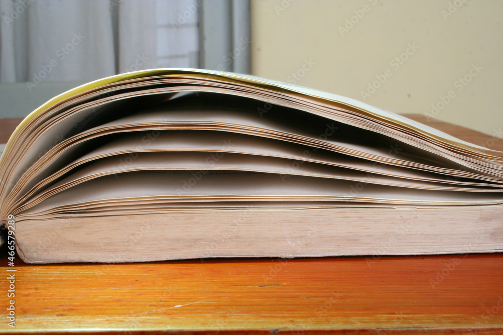 Hojas de libro abierto envejecido fomando una curva en abanico de ...