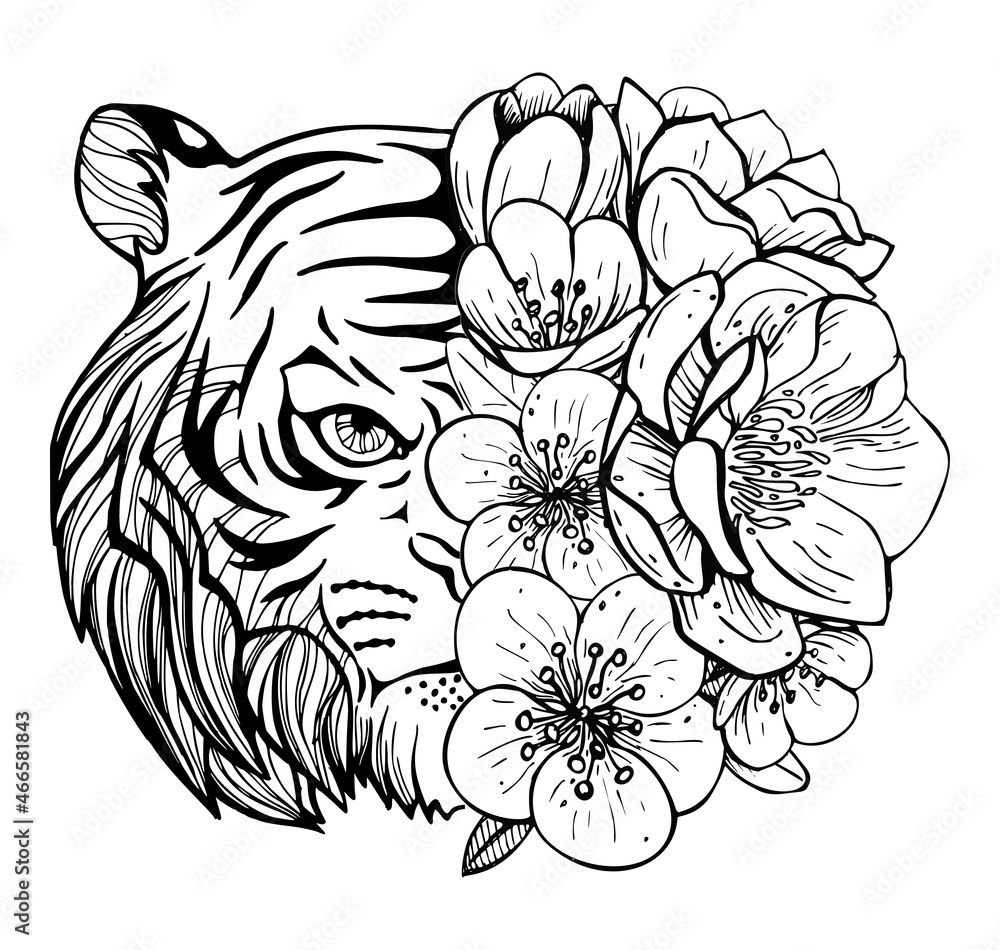 Colouring pictures with a tiger and flower. Art therapy coloring page ...