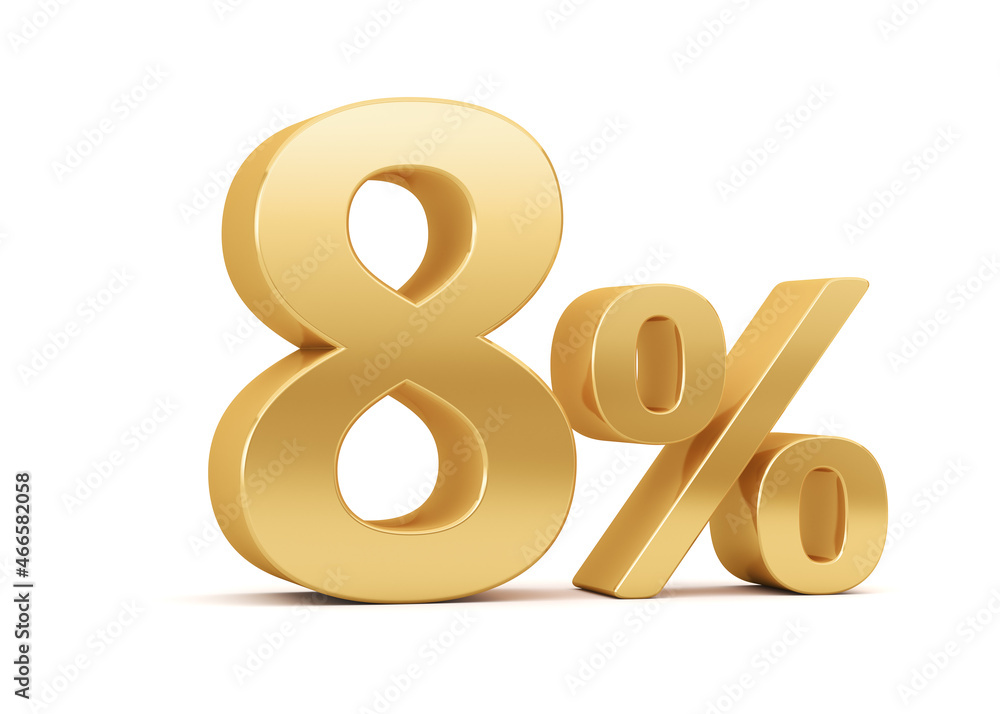 Gold eight percent isolated on white background. 8% discount on sale ...