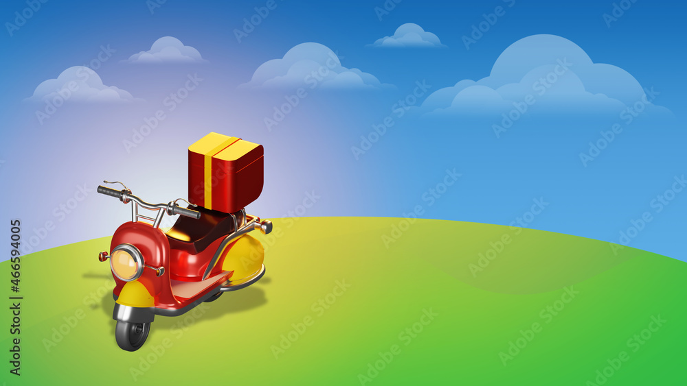 Delivery moped. Red scooter on lawn. Scooter with courier box. Delivery ...