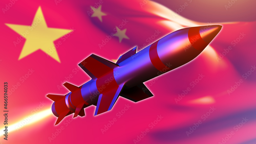 A cruise missile from China. Chinese flag next to ballistic rocket ...