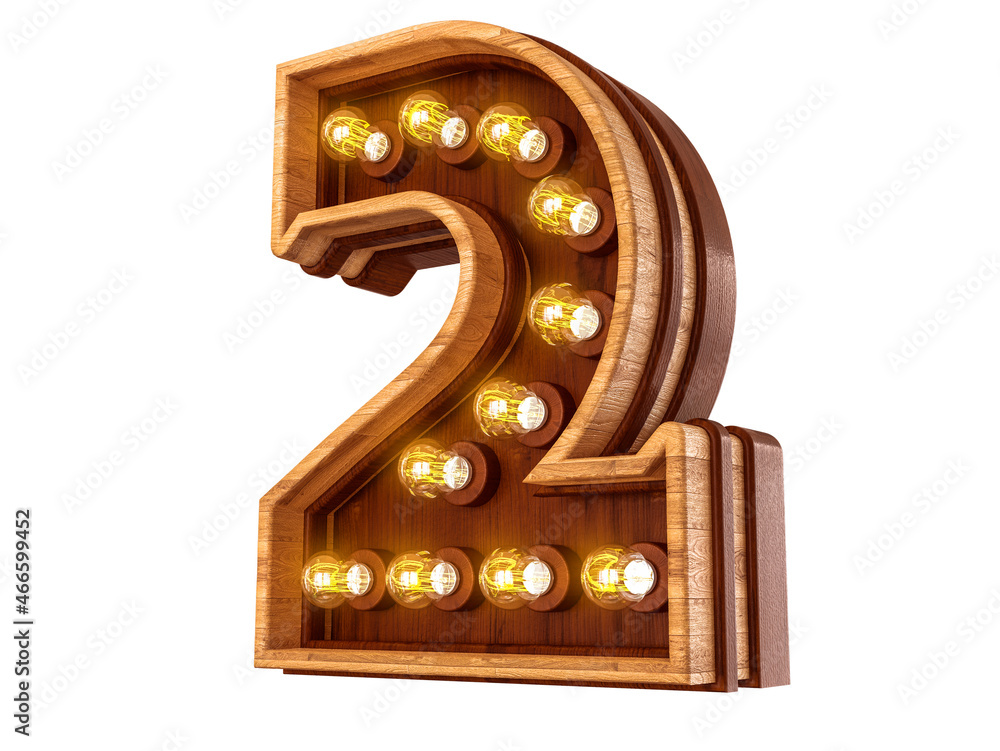 Number 2 with realistic light bulbs and wood isolated on white ...