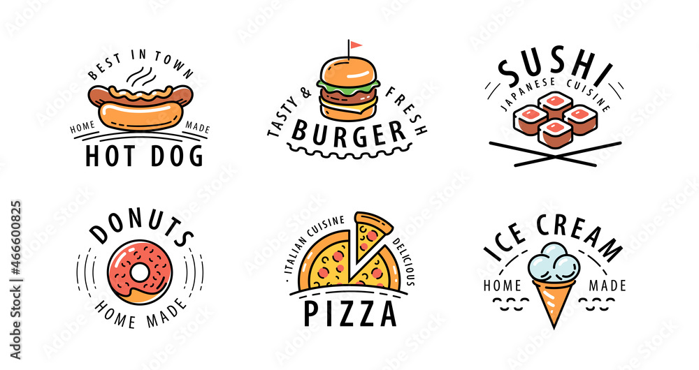 Food labels set. Emblems or restaurant menu, cafe. Vector illustration ...