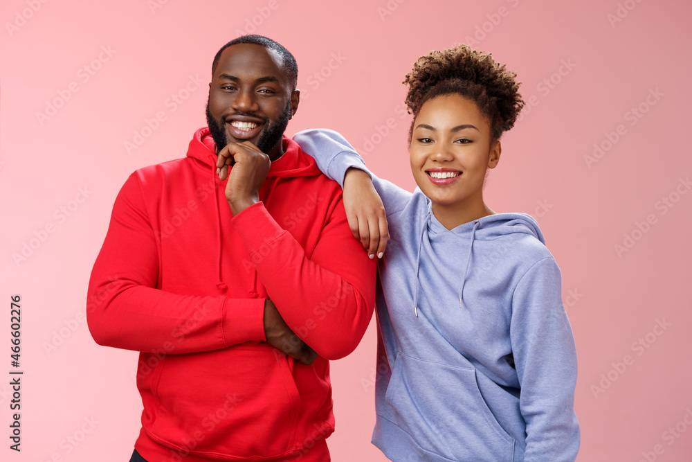 Romantic couple best friends standing pink background girl leaning ...